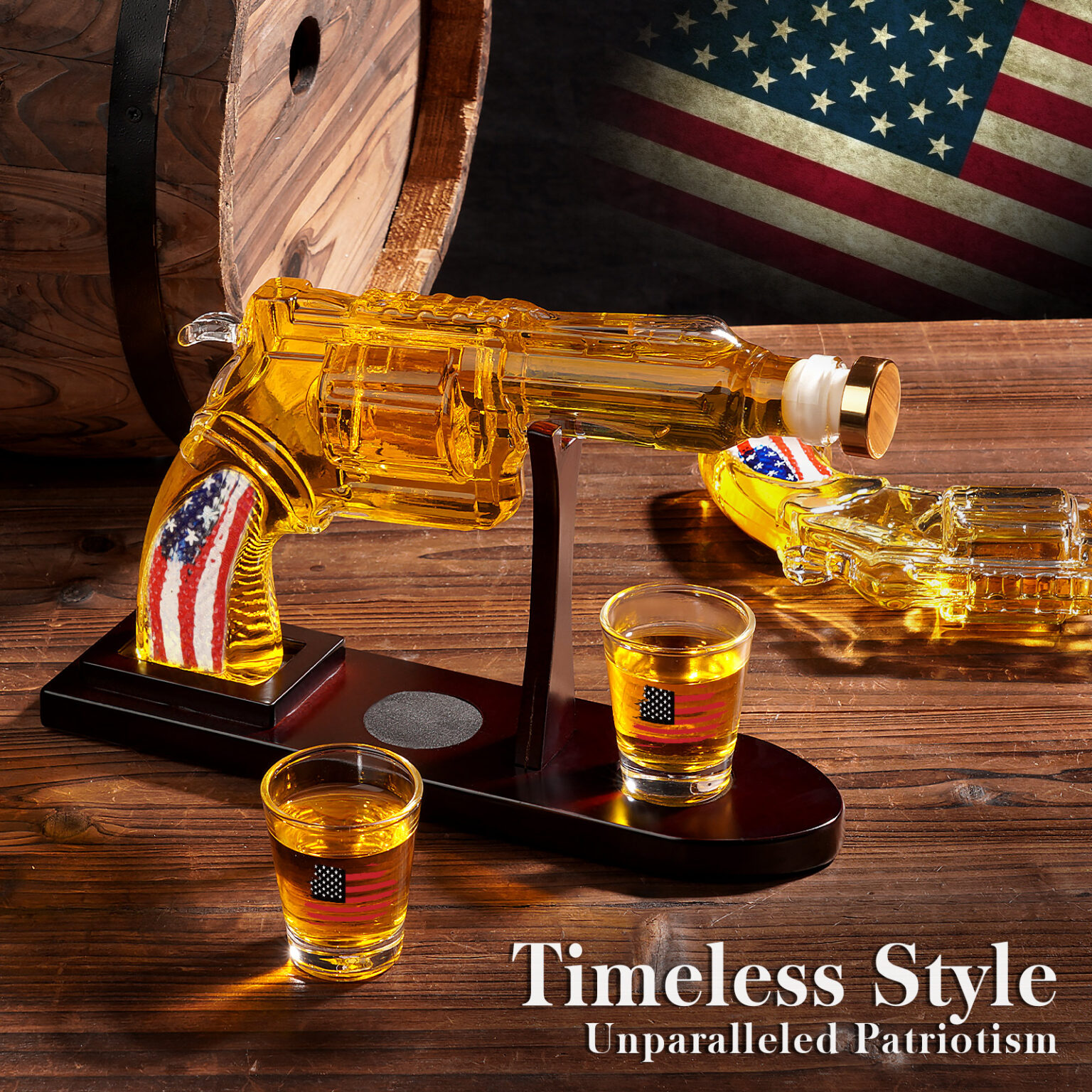 Oaksea® USA Flag Revolver Whiskey Decanter Set